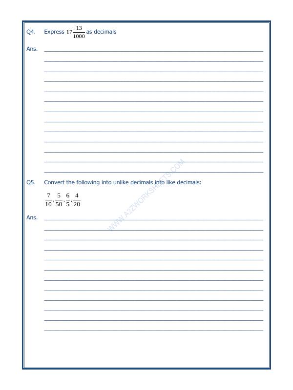 A2Zworksheets:Worksheet of Decimals - 01-Decimals-Maths