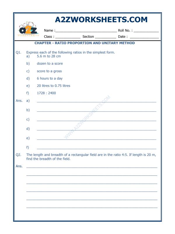 A2Zworksheets:Worksheet of Ratio Proportion And Ratio Proportion And ...