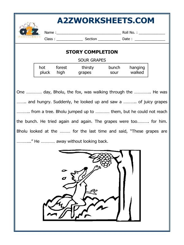 A2Zworksheets:Worksheet of Story Completion (Sour Grapes)-Writing-English
