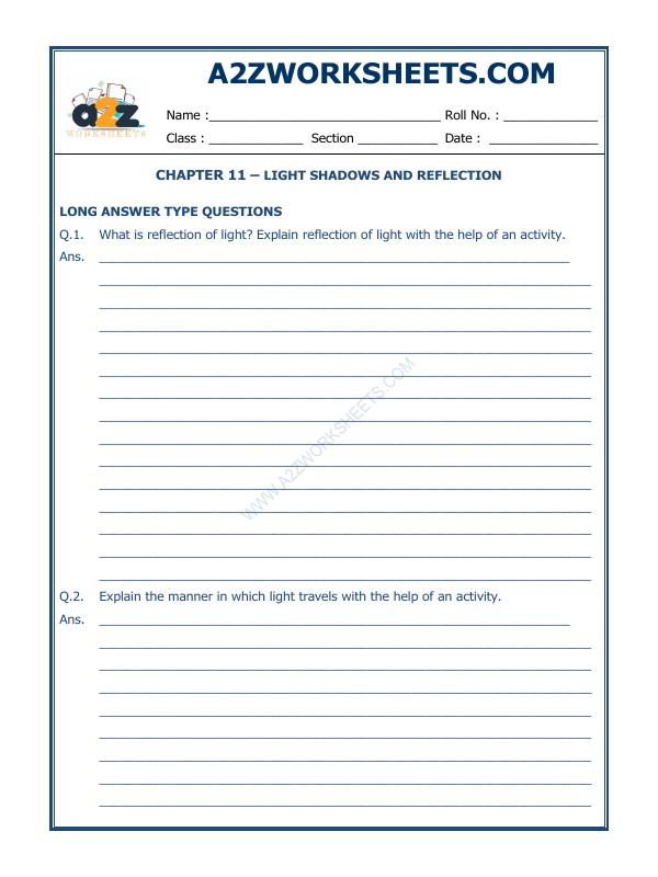 A2Zworksheets:Worksheet of Light Shadows And Reflection-03-Light,Shadows And Reflection-Science