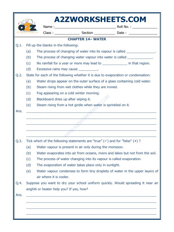 A2Zworksheets:Worksheet of Water-01-Basic Necessities-Science
