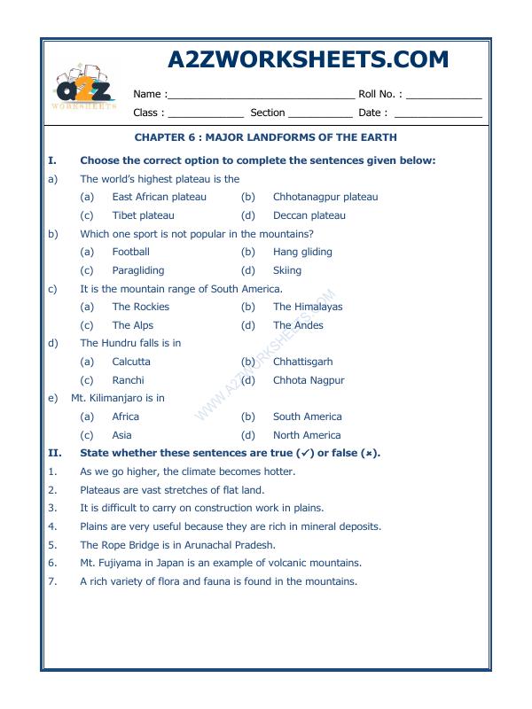 A2Zworksheets:Worksheet of Major Landforms Of The Earth-02-Geographical ...