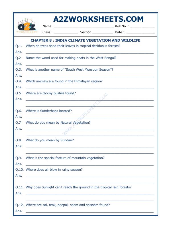 A2Zworksheets:Worksheet of India Climate Vegetation And Wildlife-02 ...