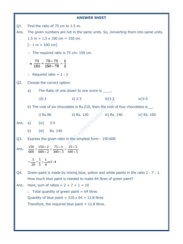 A2Zworksheets:Worksheet of Ratio Proportion And Unitary Method-03 ...