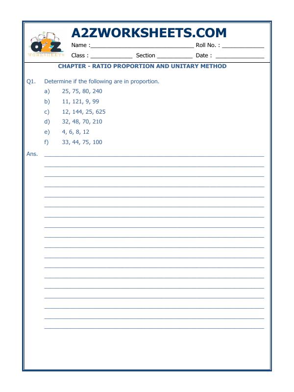 A2Zworksheets:Worksheet of Ratio Proportion And Unitary Method-04 ...