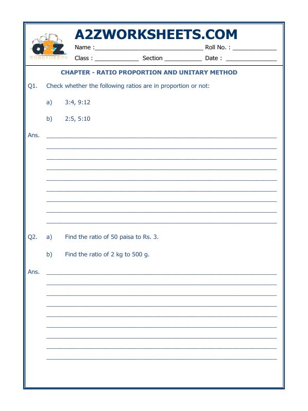 A2Zworksheets:Worksheet of Ratio Proportion And Unitary Method-07 ...