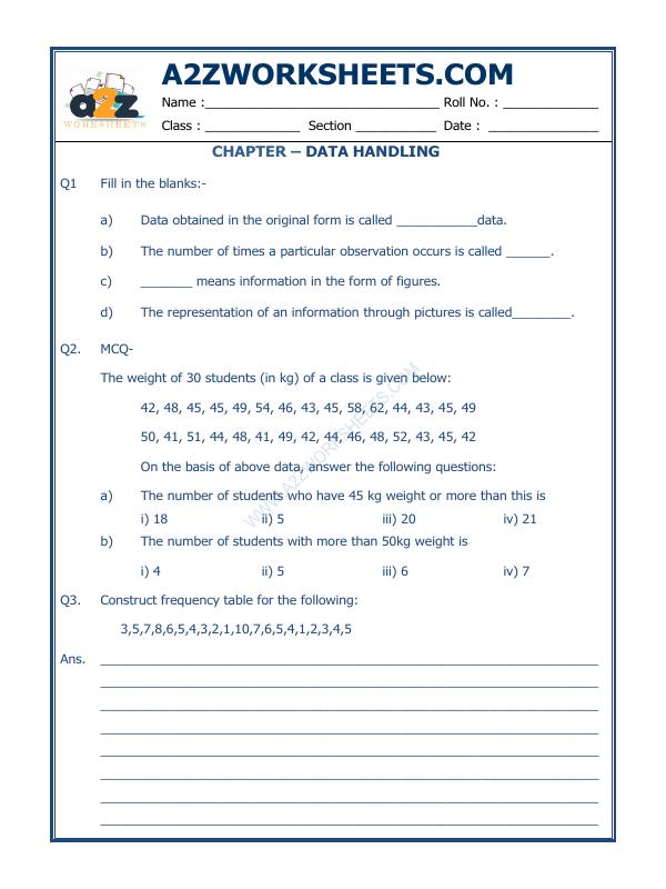 A2Zworksheets:Worksheet of Data Handling-01-Data Handling-Maths