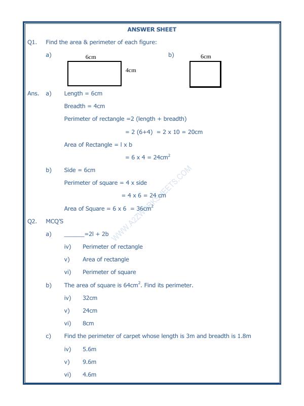 A2Zworksheets:Worksheet of Area, Volume and Perimeter-02-Measurement-Maths