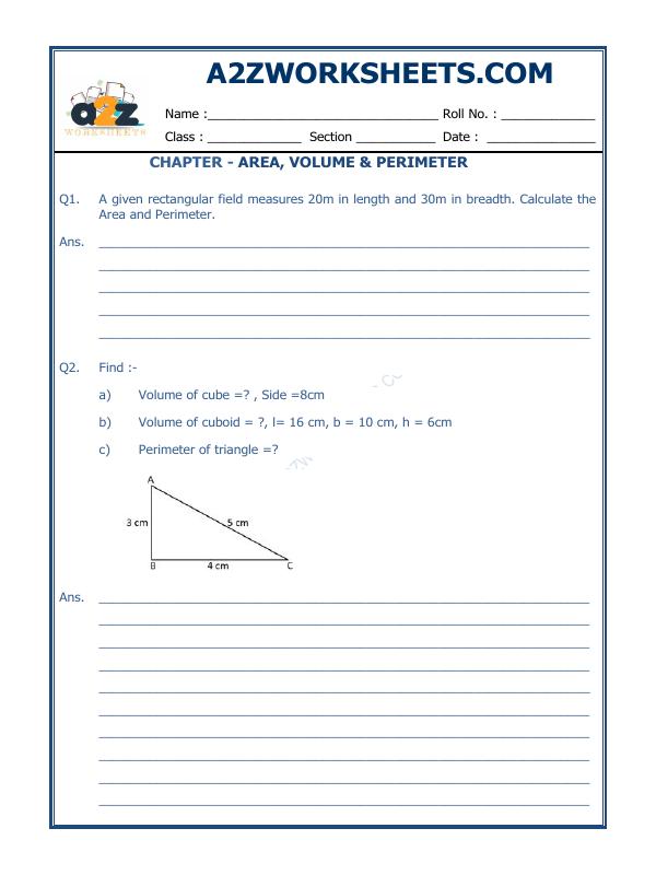 A2Zworksheets:Worksheet of Area, Volume and Perimeter-03-Measurement-Maths