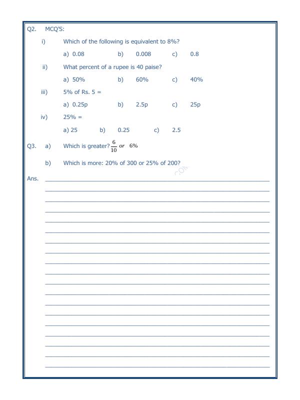 A2Zworksheets:Worksheet of Percentage-01-Percentage-Maths