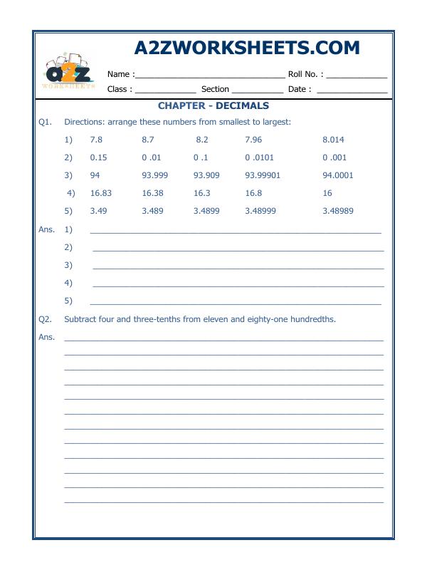 A2Zworksheets:Worksheet of Decimals-02-Decimals-Maths