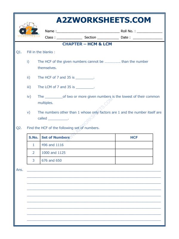 A2Zworksheets:Worksheet of Hcf and Lcm-01-LCM and HCM-Maths