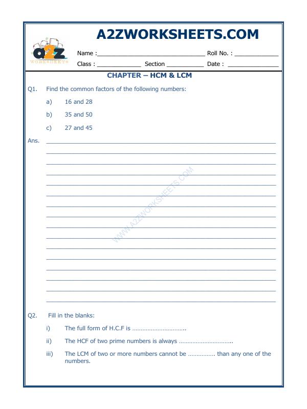 A2Zworksheets:Worksheet of Hcf and Lcm-02-LCM and HCM-Maths