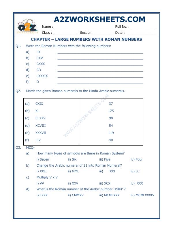 A2Zworksheets:Worksheet of Large Numbers With Roman Numbers-01-Numbers ...