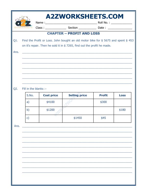 A2Zworksheets:Worksheet of Profit And Loss-03-Measurement-Maths