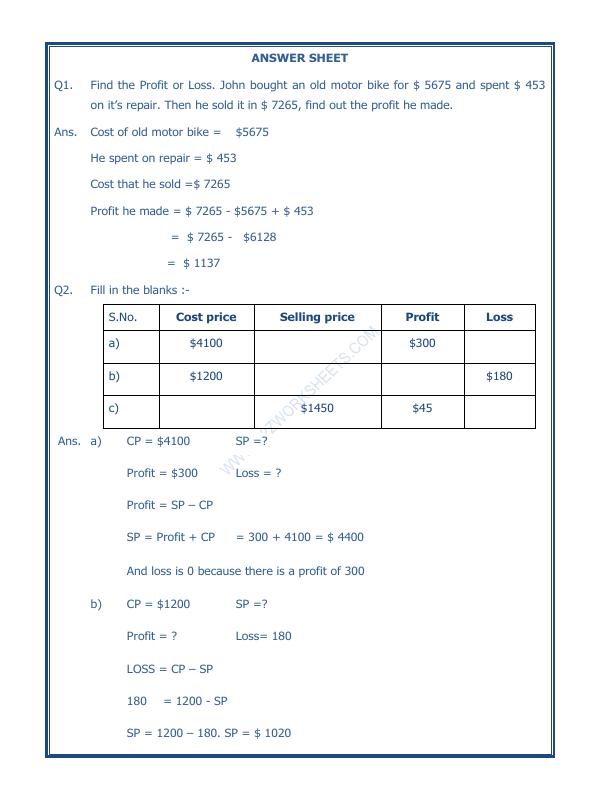 A2Zworksheets:Worksheet of Profit And Loss-03-Measurement-Maths