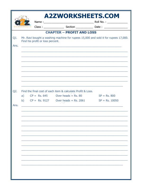 A2Zworksheets:Worksheet of Profit And Loss-06-Measurement-Maths