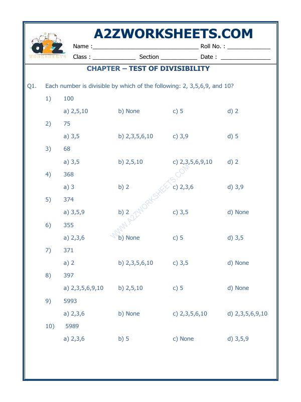 A2Zworksheets:Worksheet of Test Of Divisibility-01-Division-Maths