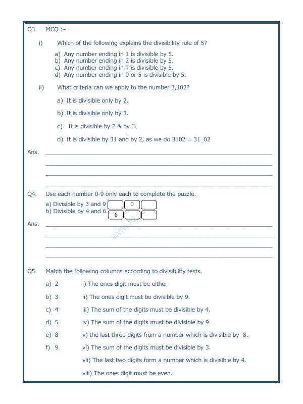 A2Zworksheets:Worksheet of Test Of Divisibility-02-Division-Maths