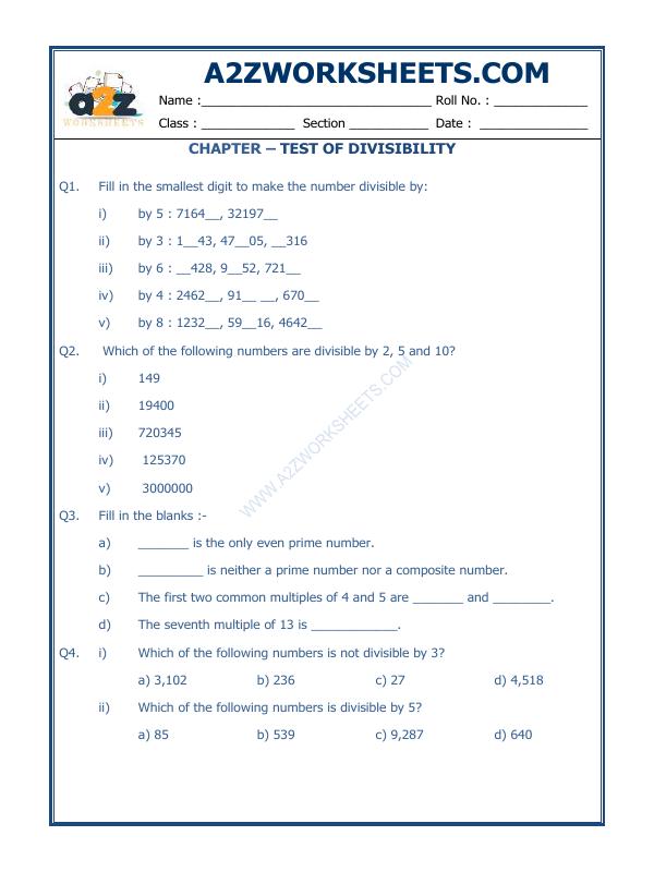 A2Zworksheets:Worksheet of Test Of Divisibility-04-Division-Maths