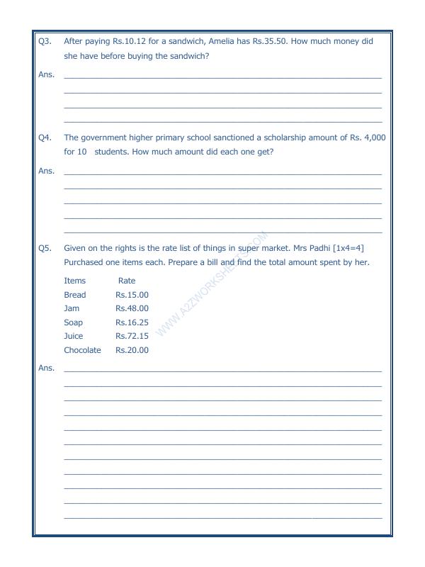 A2Zworksheets:Worksheet of Preparing Bills - 01-Data Handling-Maths