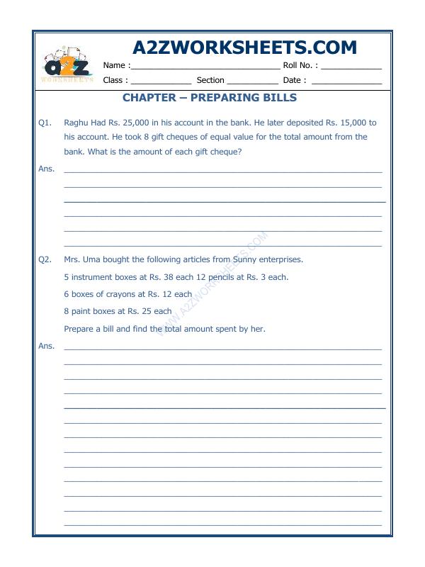 A2Zworksheets:Worksheet of Preparing Bills - 02-Data Handling-Maths