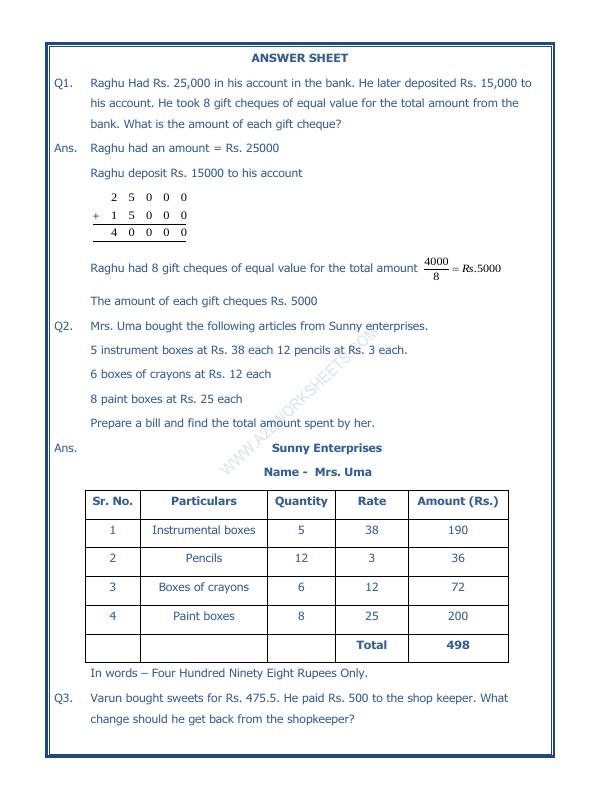 A2Zworksheets:Worksheet of Preparing Bills - 02-Data Handling-Maths