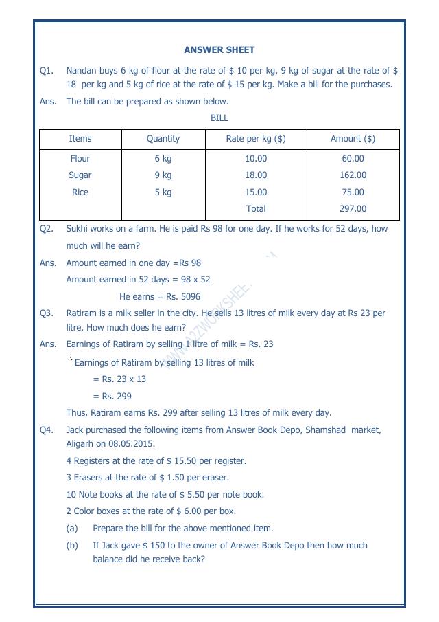 A2Zworksheets:Worksheet of Preparing Bills - 03-Data Handling-Maths