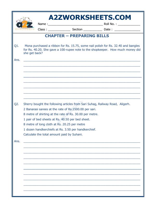 A2Zworksheets:Worksheet of Preparing Bills - 05-Data Handling-Maths