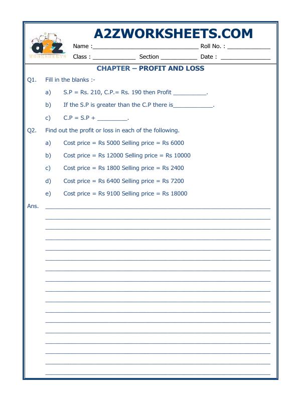 A2Zworksheets:Worksheet of Profit And Loss-07-Measurement-Maths