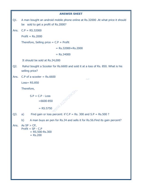 A2Zworksheets:Worksheet of Profit And Loss-08-Measurement-Maths