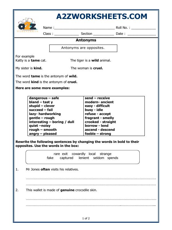 A2Zworksheets:Worksheet of Let's Practice Antonyms-Grammar-English