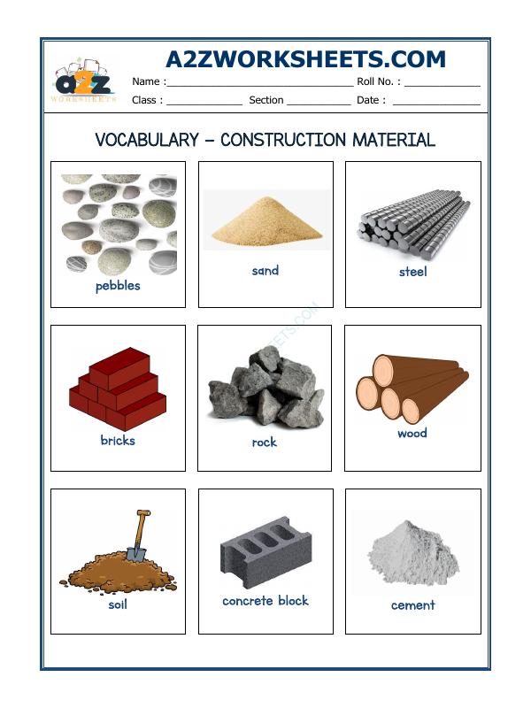 A2Zworksheets:Worksheet of Vocabulary Worksheets-Construction Material ...