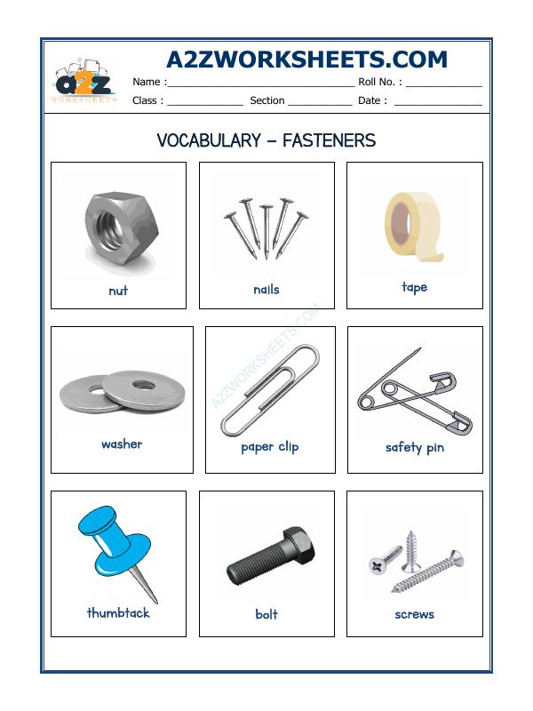 A2Zworksheets:Worksheet of Vocabulary Worksheets -Fasteners-Reading-English