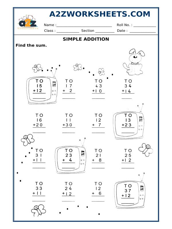A2Zworksheets:Worksheet of Simple Addition-Addition-Maths