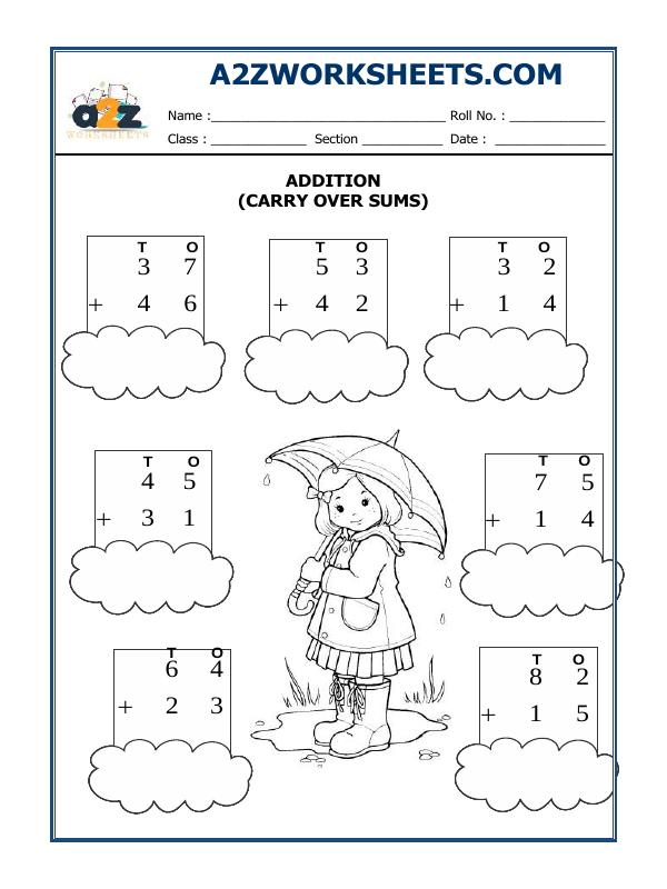 A2Zworksheets:Worksheet of Addition (Carry Over Sums)-Addition-Maths