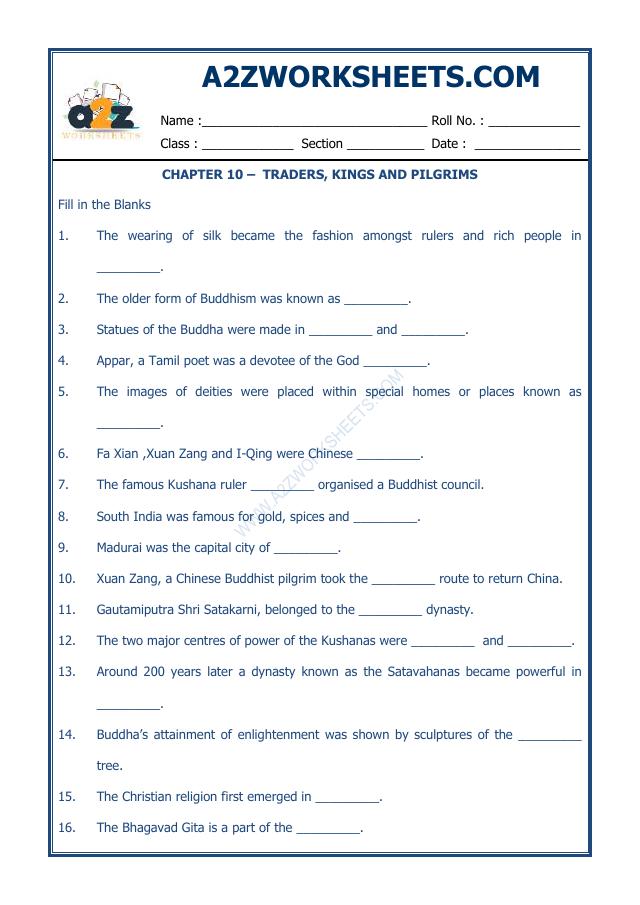 A2Zworksheets:Worksheet of Traders, Kings And Pilgrims-12-Our History ...
