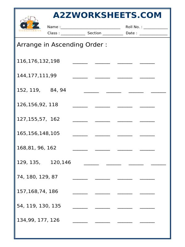 A2Zworksheets:Worksheet of Descending Order-Numbers-Maths