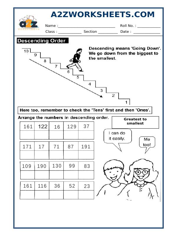 A2Zworksheets:Worksheet of Descending Order-02-Numbers-Maths