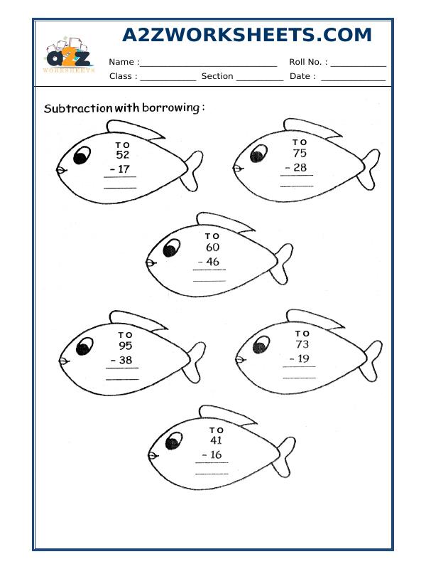 A2Zworksheets:Worksheet of Subtraction With Borrowing-Subtraction-Maths