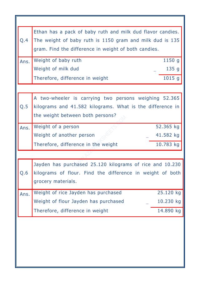 A2Zworksheets:Worksheet of Class-Iv-Subtraction-02-Subtraction-Maths