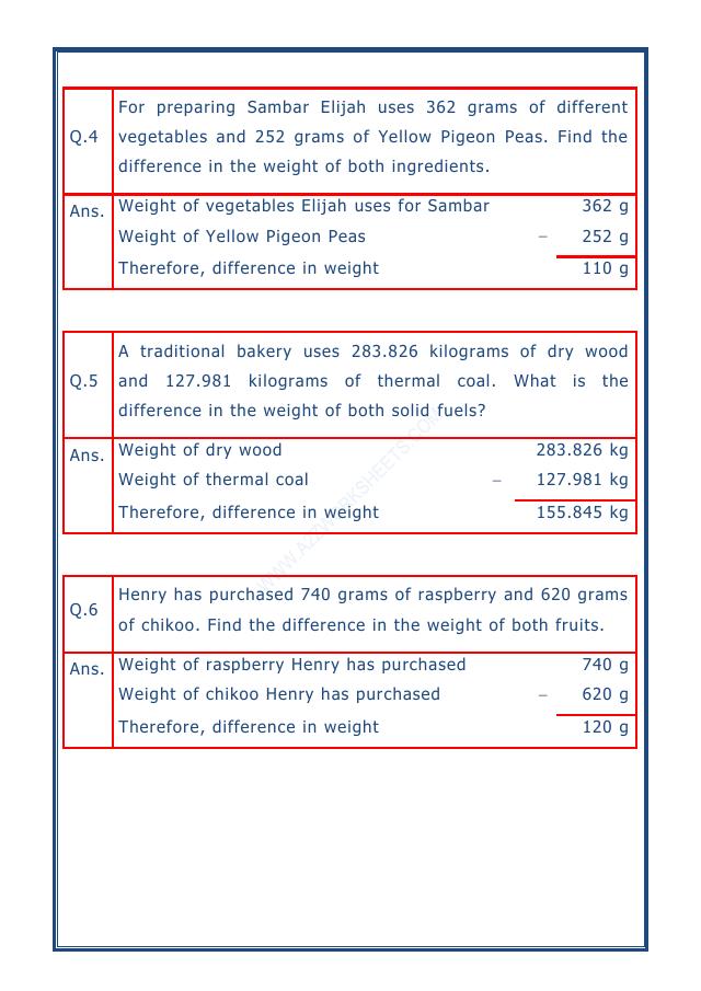 A2Zworksheets:Worksheet of Class-Iv-Subtraction-04-Subtraction-Maths