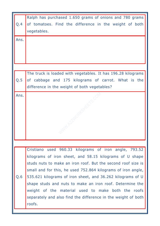 A2Zworksheets:Worksheet of Class-Iv-Subtraction-05-Subtraction-Maths