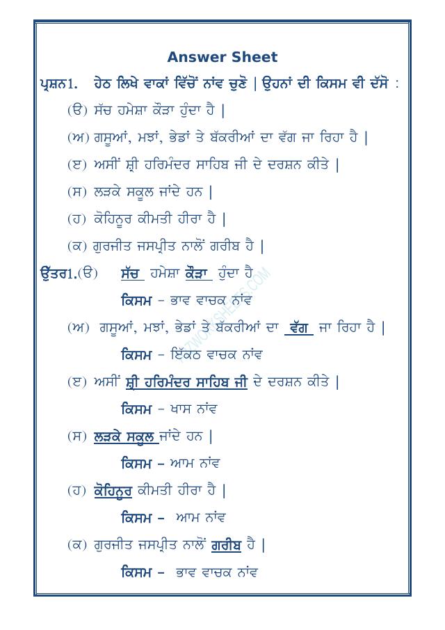 A2Zworksheets:Worksheet of Class-V-Punjabi Grammar Naav-04-Punjabi-Language