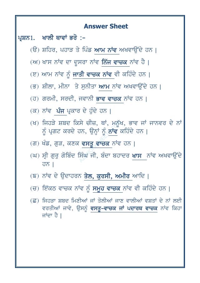 A2Zworksheets:Worksheet of Class-V-Punjabi Grammar Naav-06-Punjabi-Language