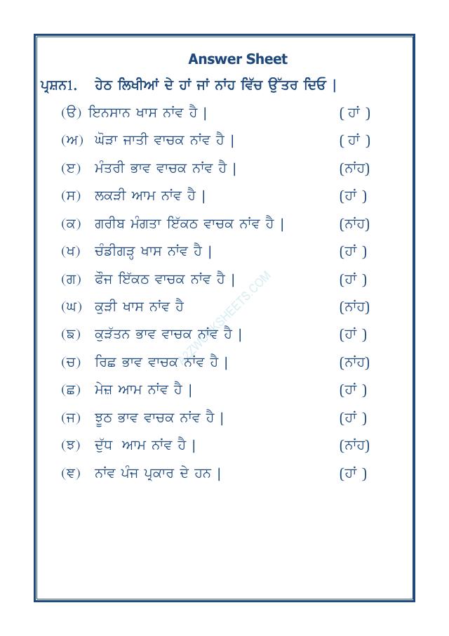 A2Zworksheets:Worksheet of Class-V-Punjabi Grammar Naav-10-Punjabi-Language