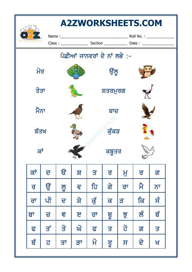 A2Zworksheets:Worksheet of Class-Ii- Punjabi Word Search-Birds Name ...