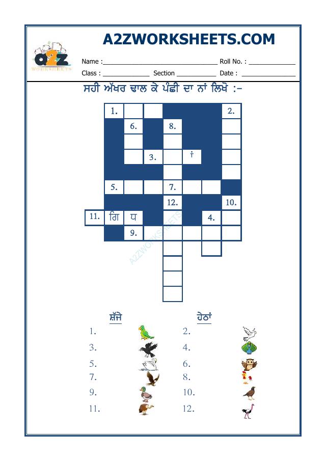 A2Zworksheets:Worksheet of Class-Ii- Punjabi Cross Words - Birds Name ...