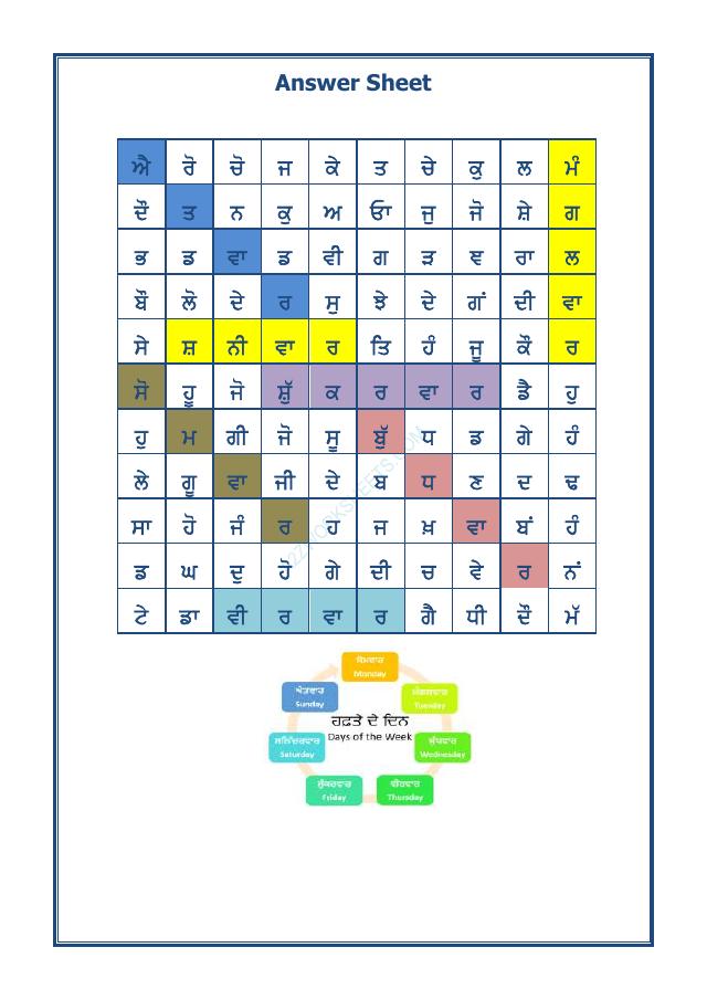 A2Zworksheets:Worksheet of Class-Ii- Punjabi Word Search - Week Days ...