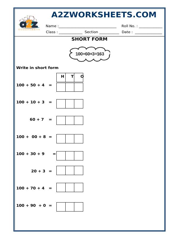 A2Zworksheets:Worksheet of Short Form-Numbers-Maths
